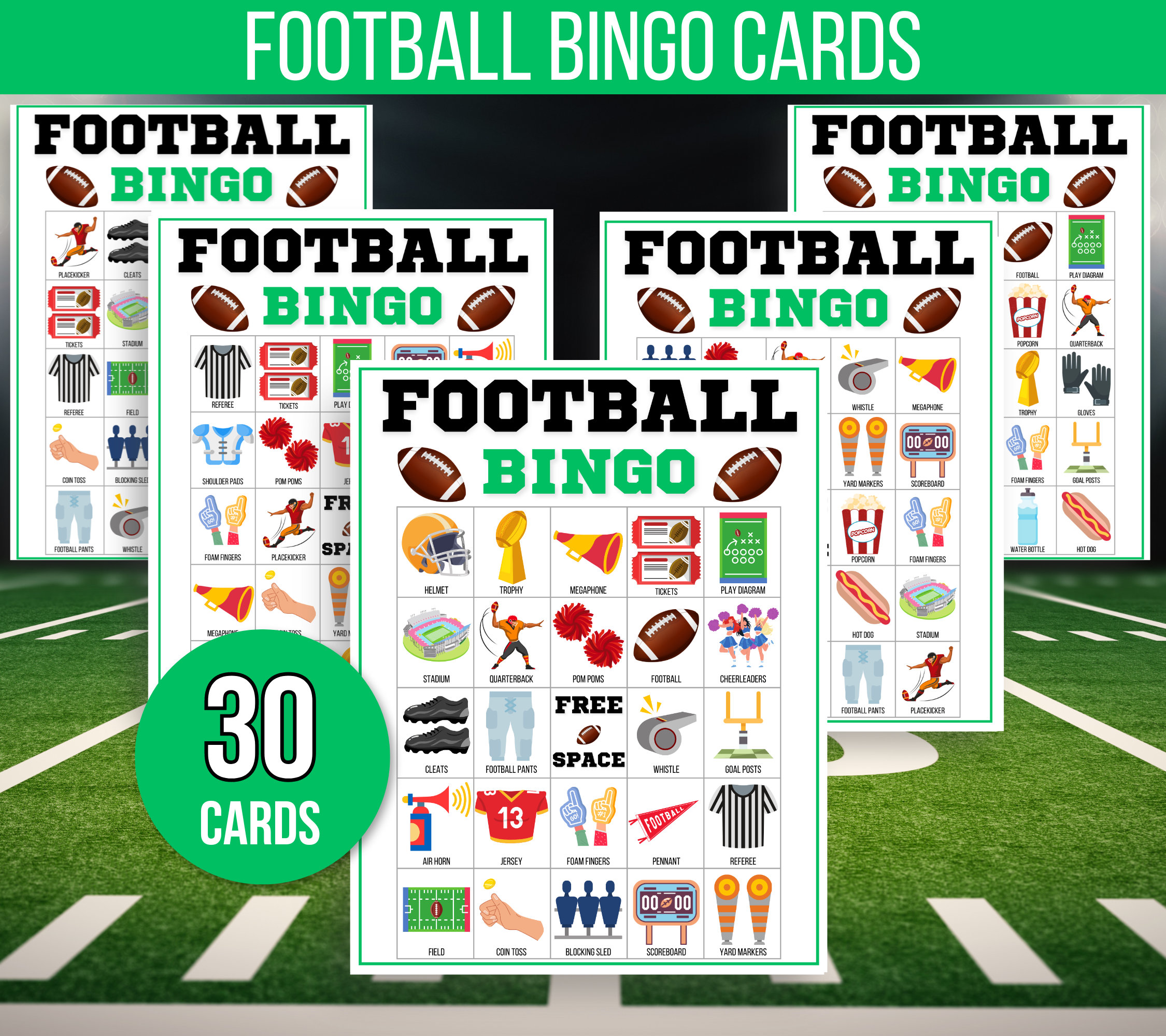 Football Bingo, 30 Printable Football Bingo Cards, Football Game ...