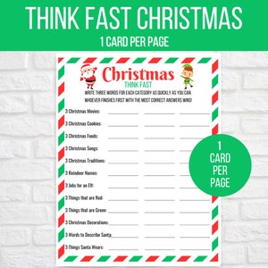 Think Fast Christmas Game, Fun Christmas Game, Printable Christmas Game ...