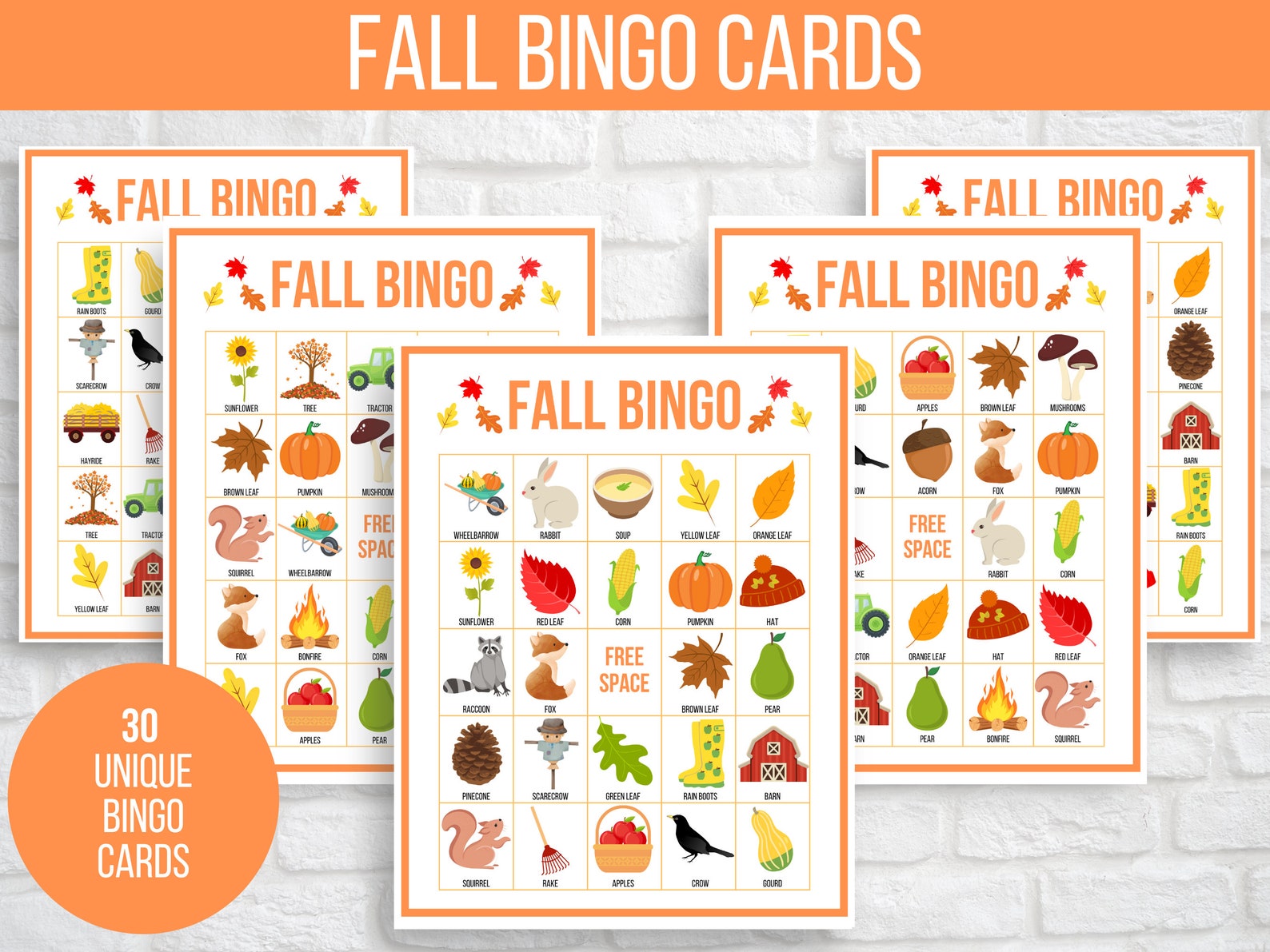 Fall Bingo 30 Fall Bingo Cards Fall Picture Bingo Autumn - Etsy