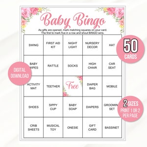 50 Baby Shower Bingo Cards, Baby Girl Bingo Game Cards, Baby Gift Bingo ...