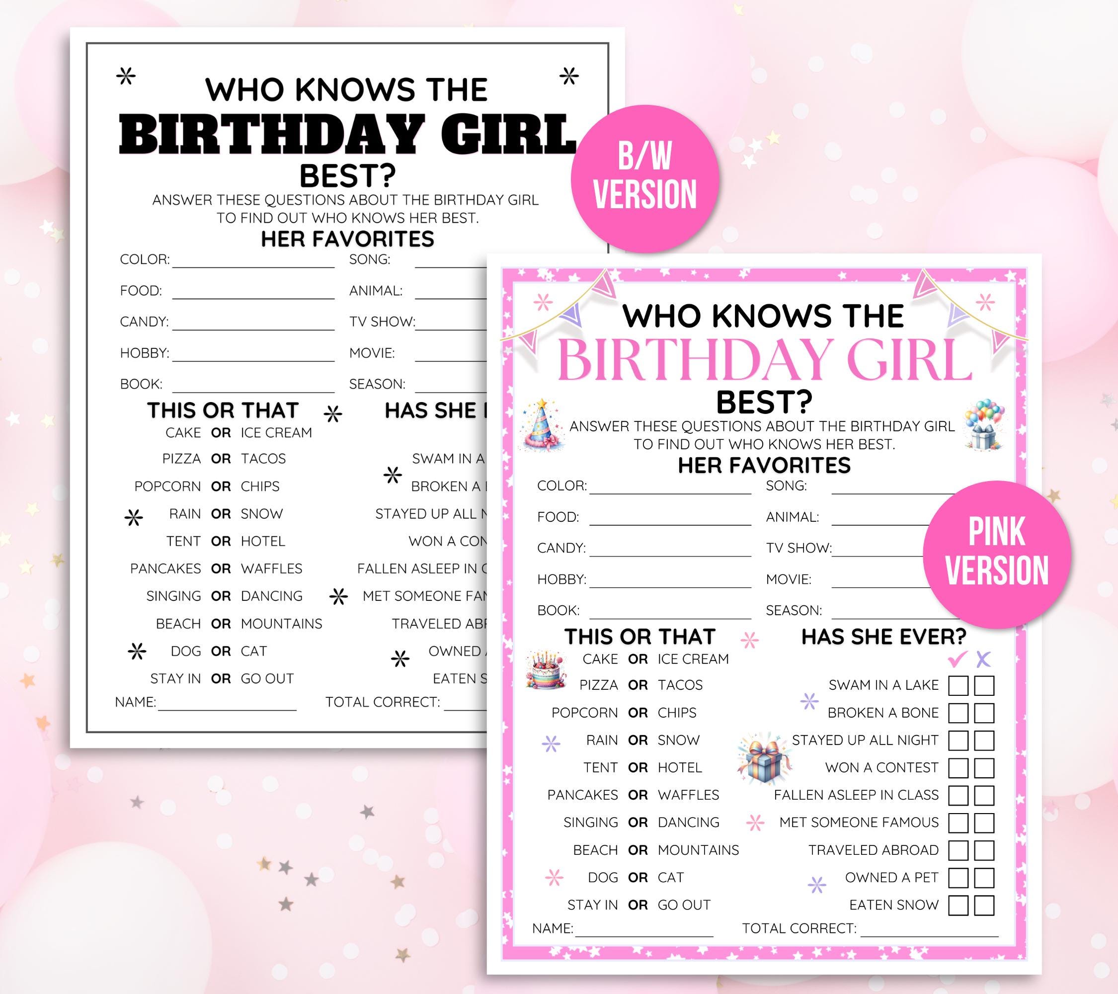 Who Knows the Birthday Girl Best, Birthday Party Game, Birthday Game ...