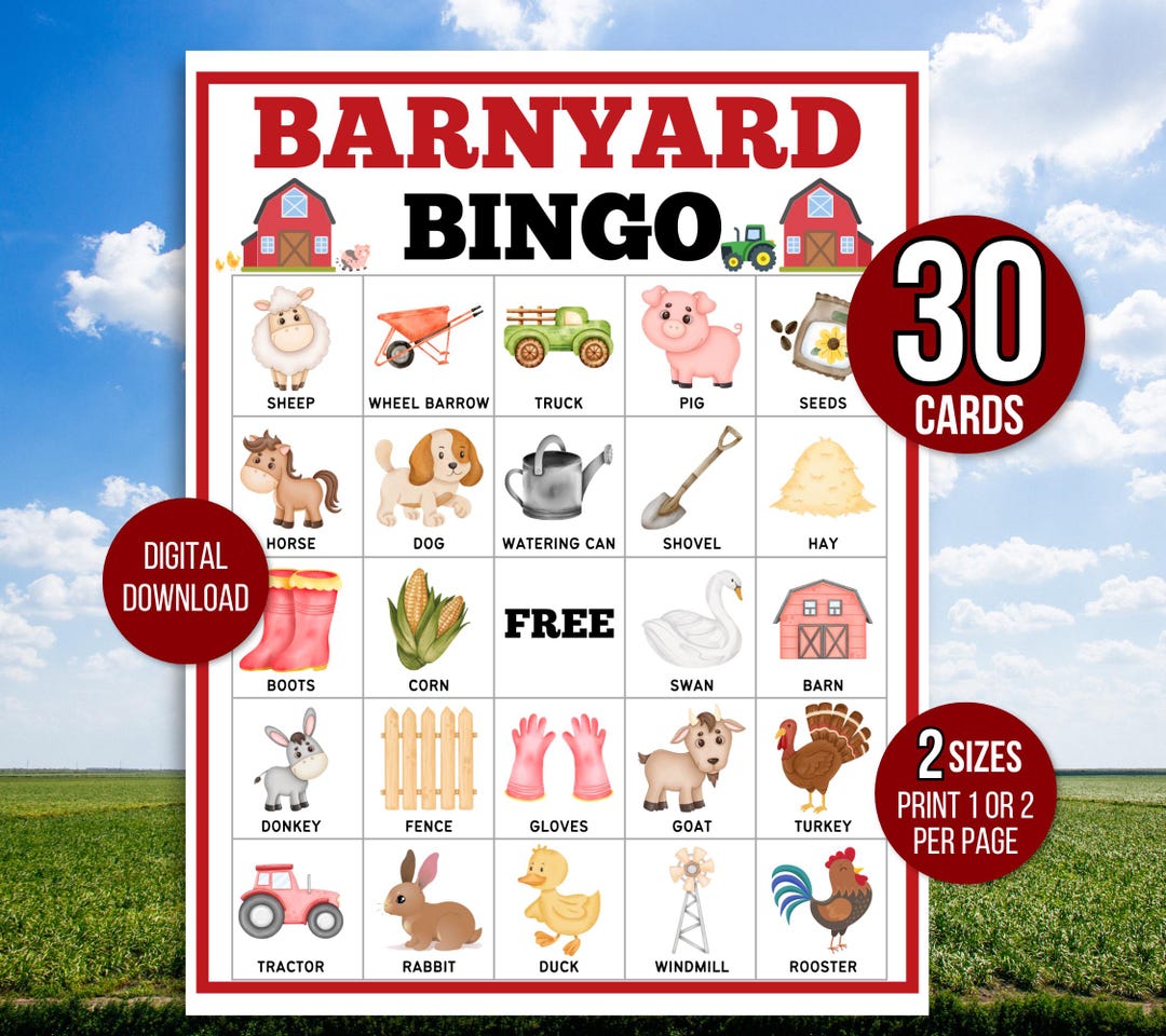 Barnyard Bingo, 30 Printable Barnyard Bingo Cards, Farm Bingo, Farm ...
