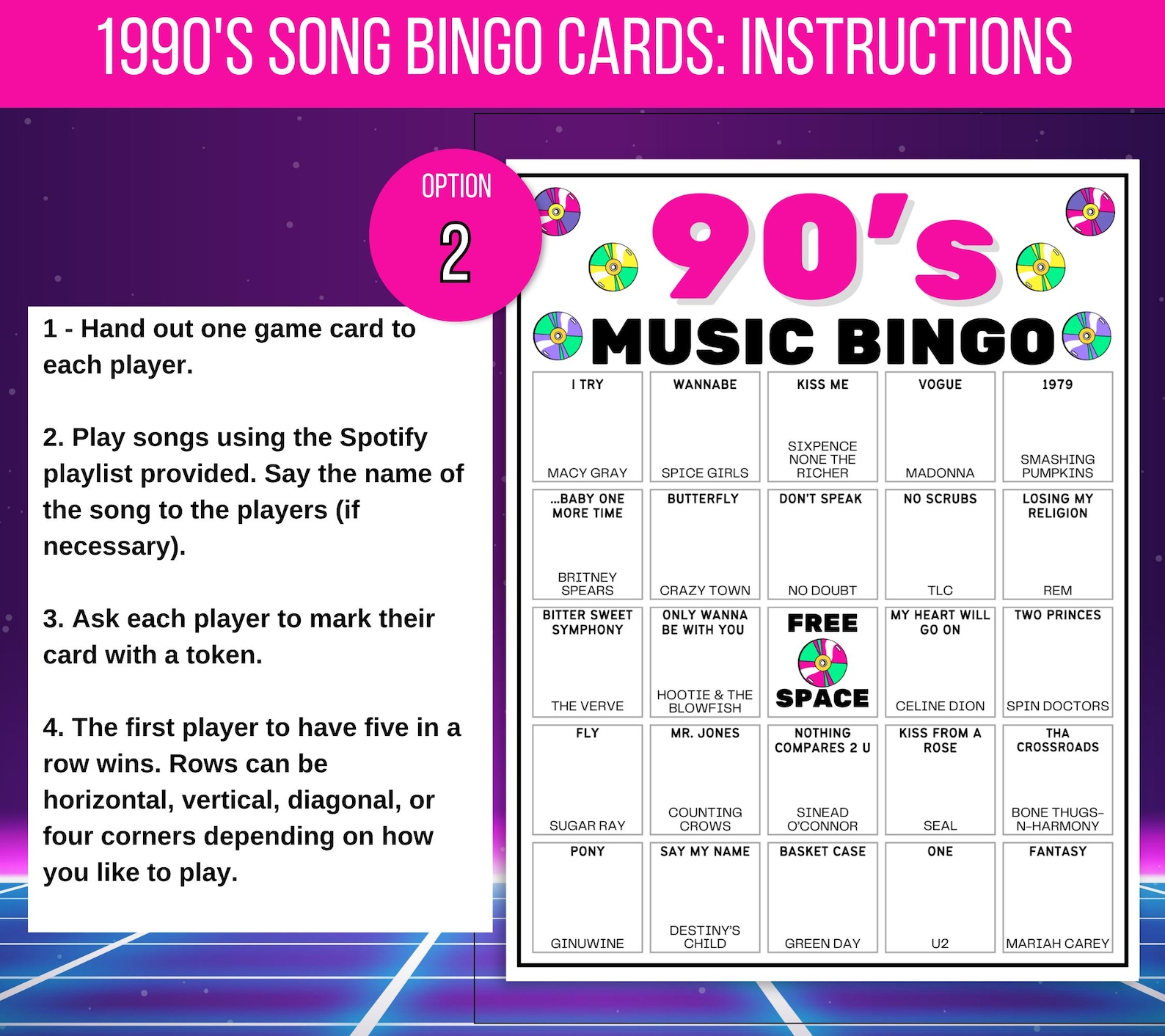 90s Bingo, 90s Song Bingo, 90s Music Bingo, 90s Retro Bingo, 50 ...