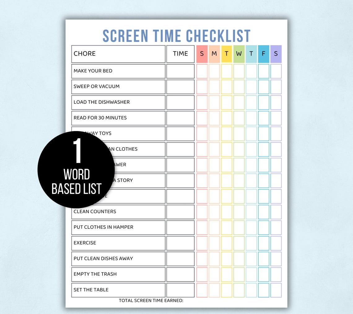 Earn Screen Time, Editable Earn Screen Time Chart, Printable Kids ...