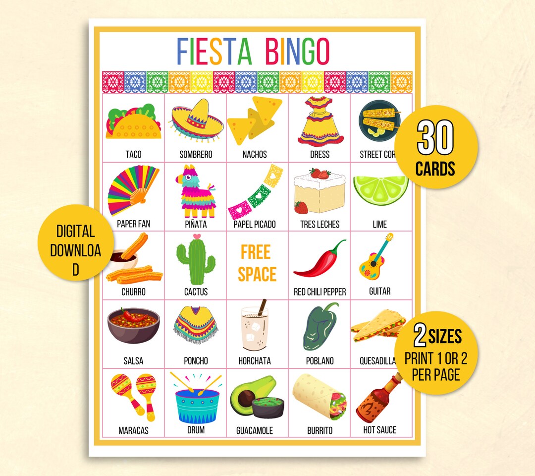 Fiesta Bingo, 30 Printable Fiesta Bingo Cards, Fiesta Activity for Kids ...