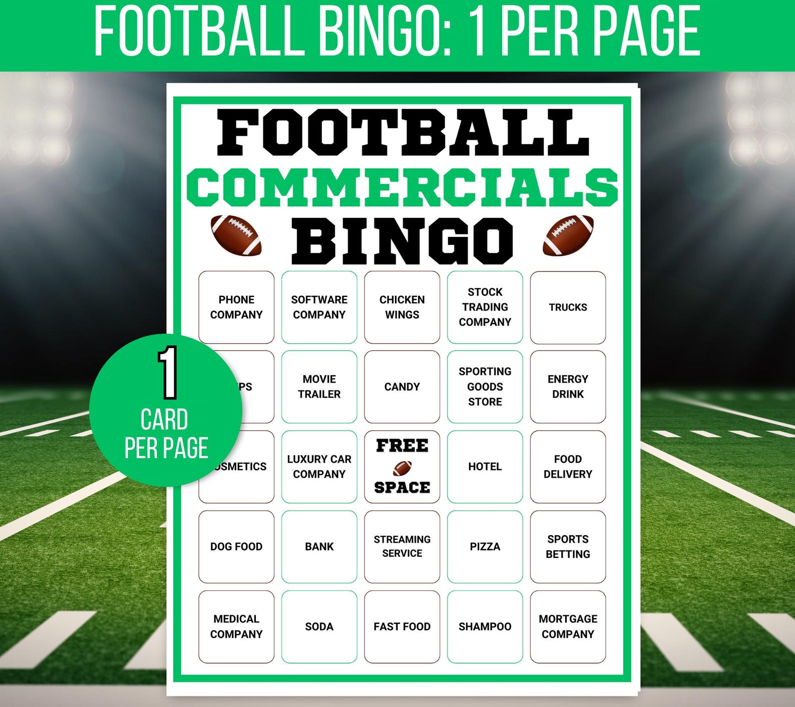 Football Commercials Bingo, 50 Big Game Day Bingo Cards, Football Watch ...