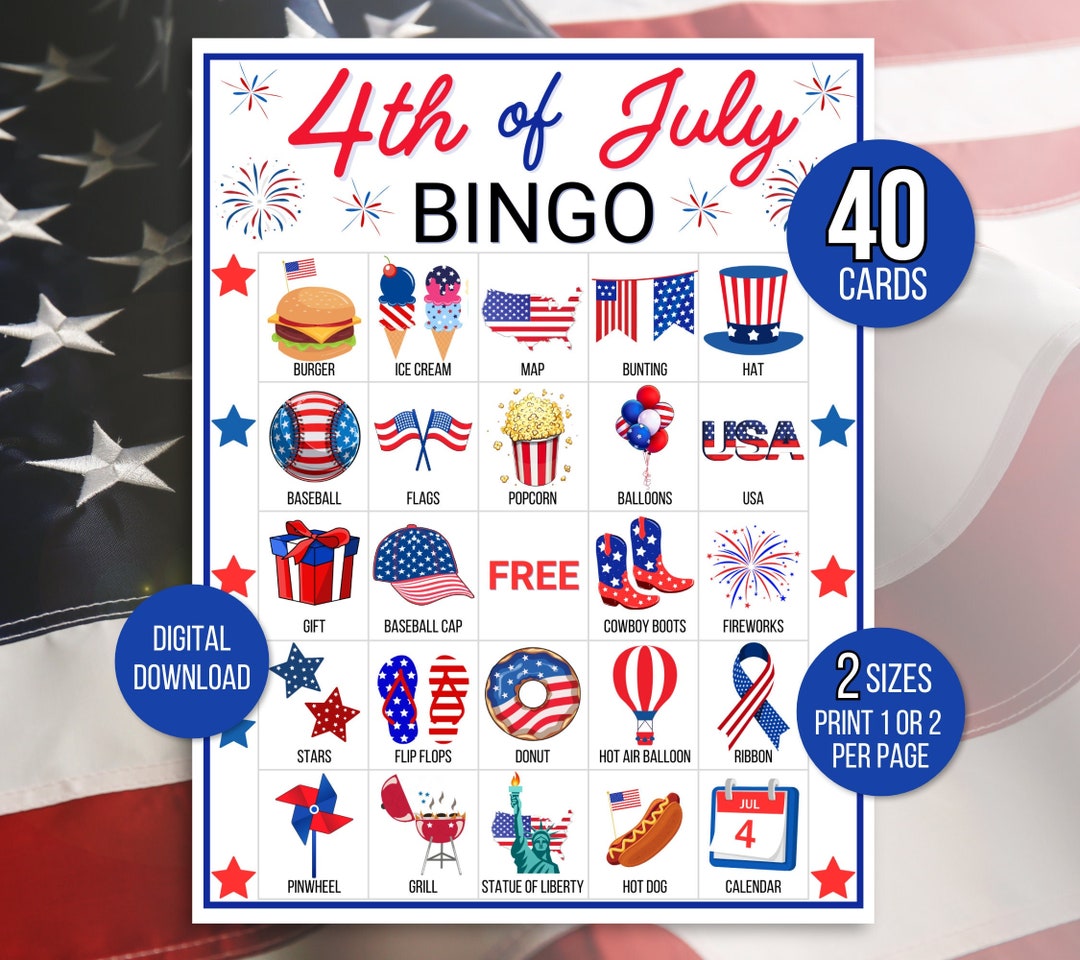 4th of July Bingo, 40 Fourth of July Bingo Cards, Patriotic Bingo ...