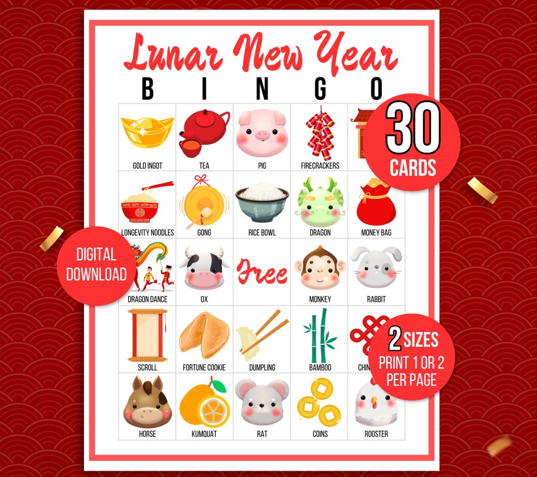Lunar New Year Bingo, 30 Lunar New Year Bingo Cards, Lunar New Year ...