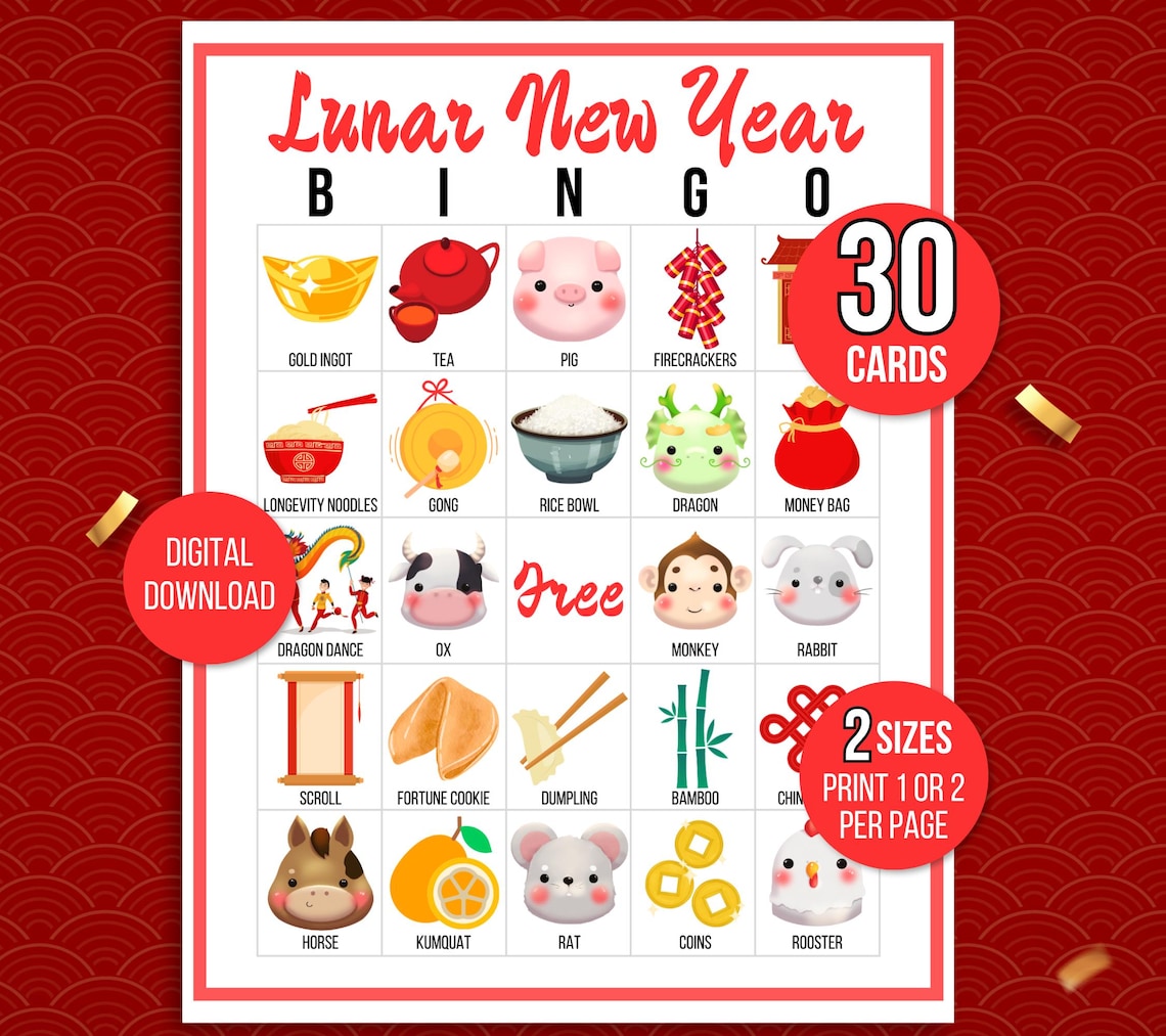 Lunar New Year Bingo, 30 Lunar New Year Bingo Cards, Lunar New Year ...