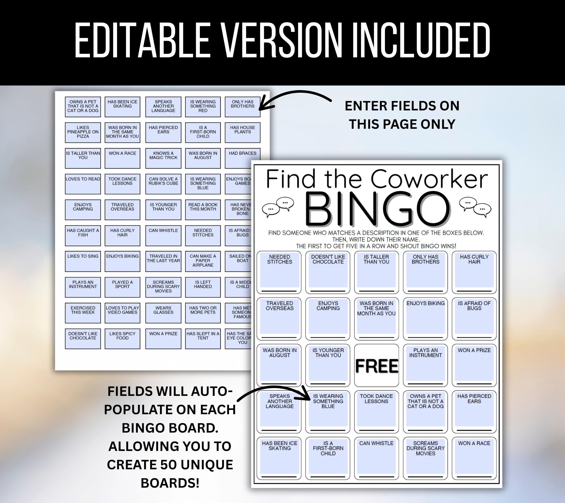 Coworker Bingo, Get to Know You Bingo, Employee Bingo Game, Find ...