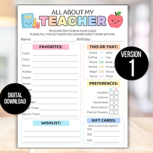 All About My Teacher, Teacher Favorite Things Printable, Get to Know ...