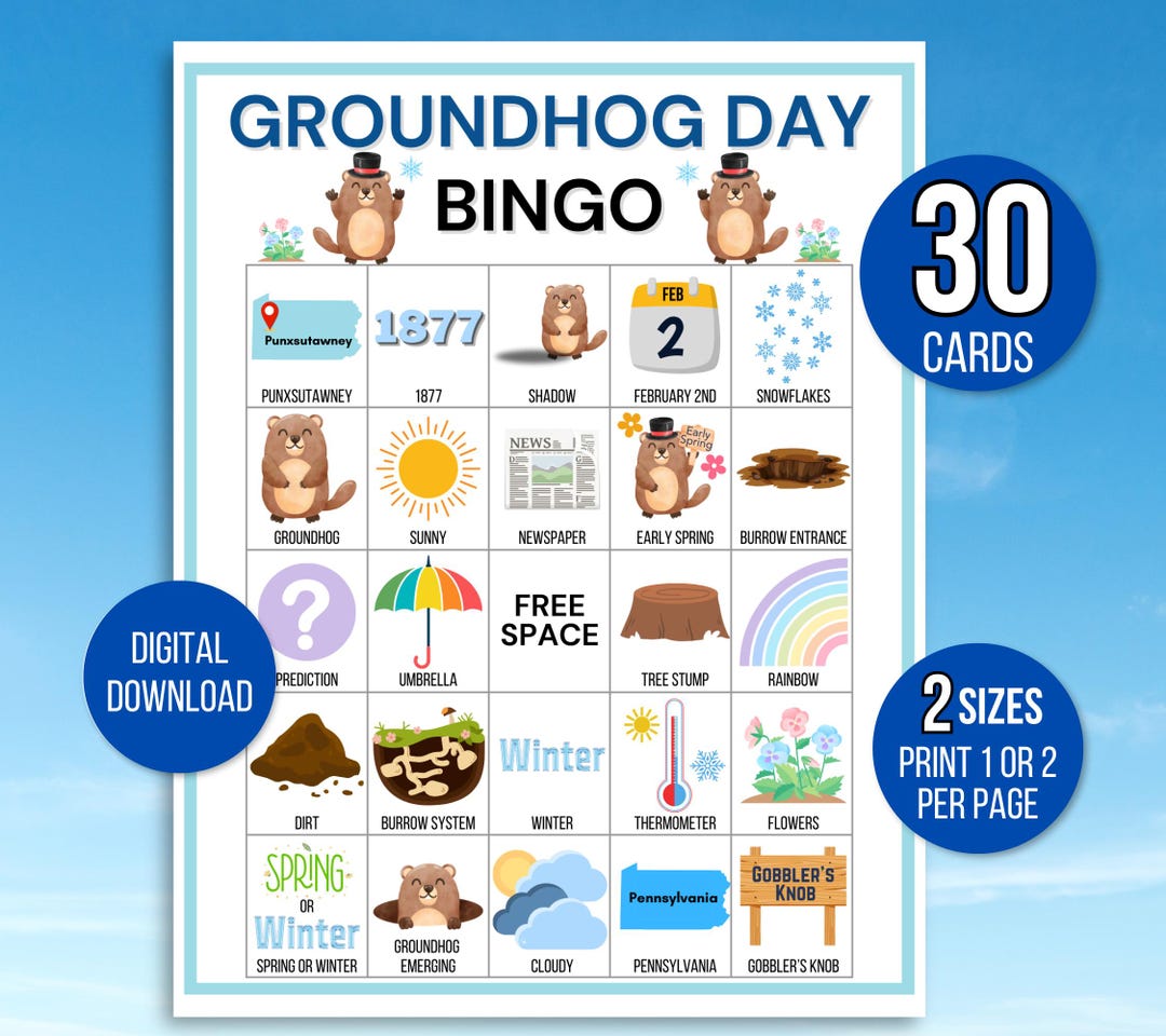 Groundhog Day Bingo, 30 Printable Groundhog Day Bingo Cards, Groundhog ...