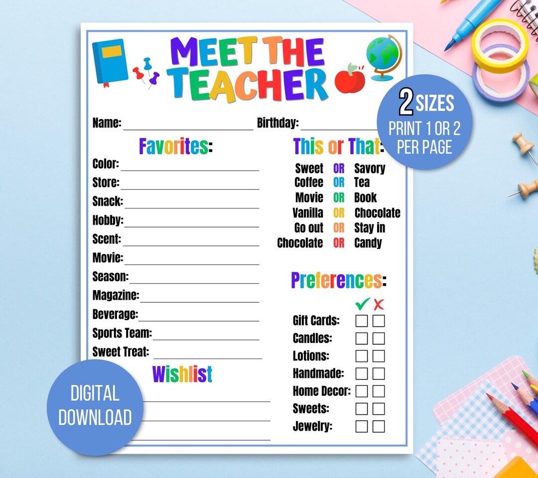 Teacher Favorite Things Questionnaire, Meet the Teacher Questionnaire ...