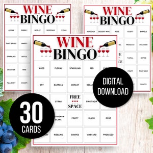 Wine Bingo, 30 Printable Wine Bingo Cards, Wine Game Night, Wine Party ...