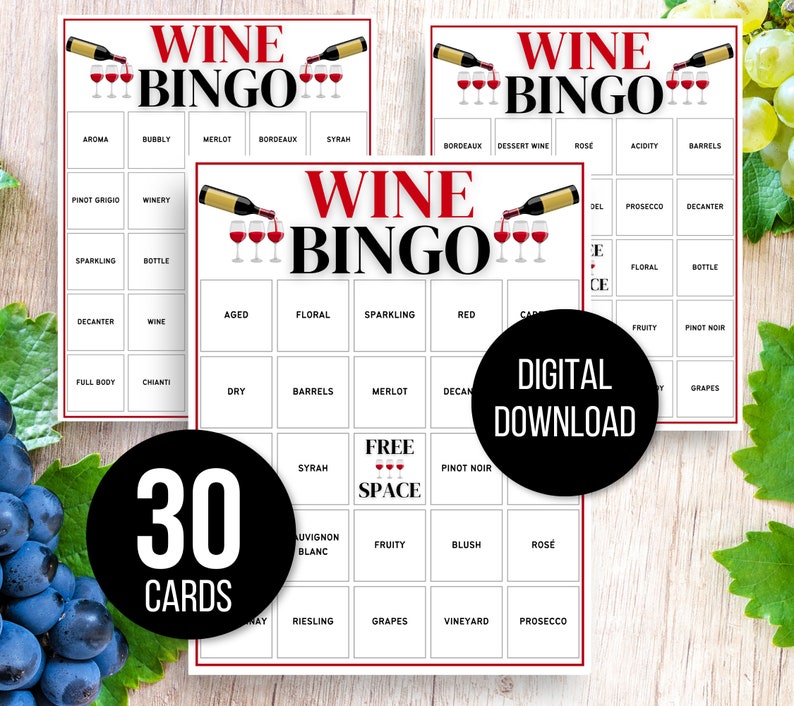 Wine Bingo, 30 Printable Wine Bingo Cards, Wine Game Night, Wine Party ...
