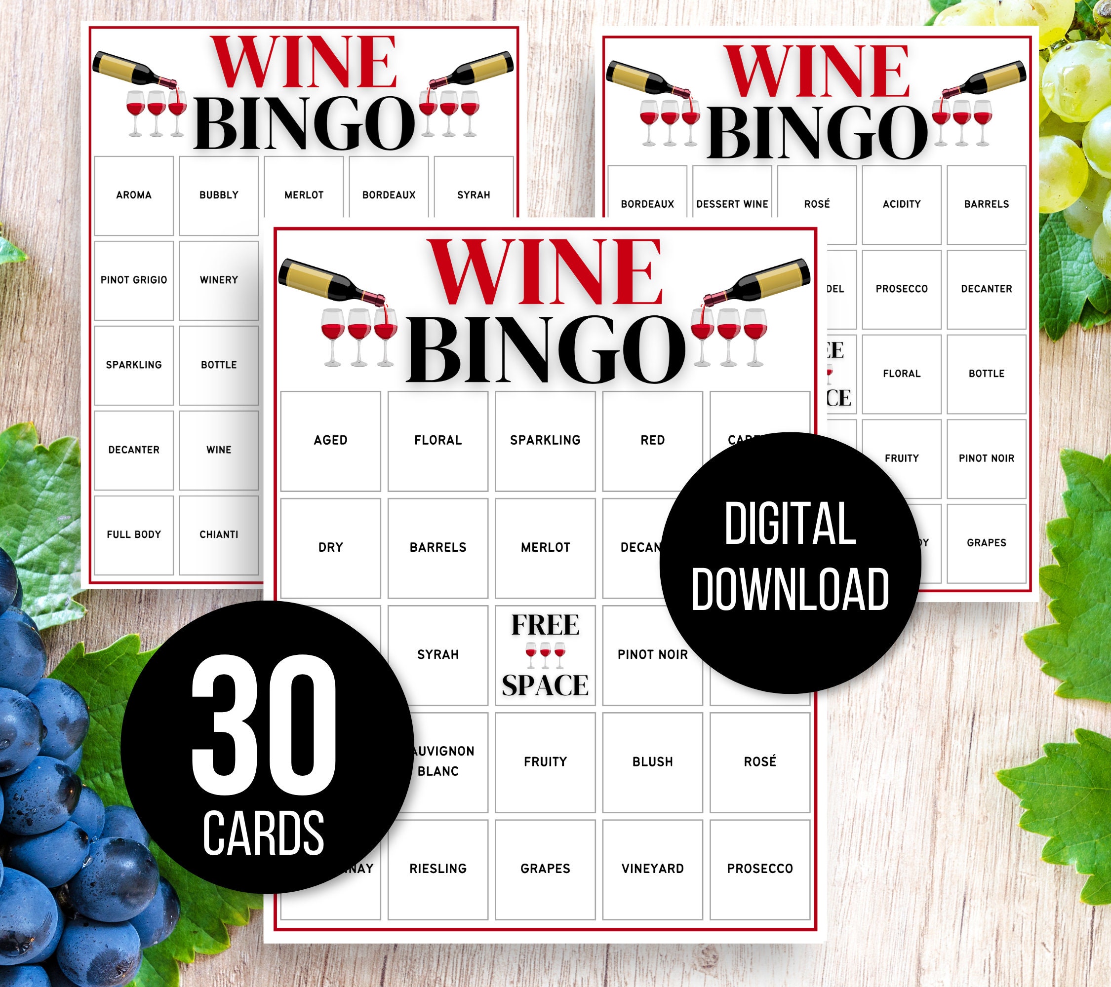 Wine Bingo, 30 Printable Wine Bingo Cards, Wine Game Night, Wine Party ...