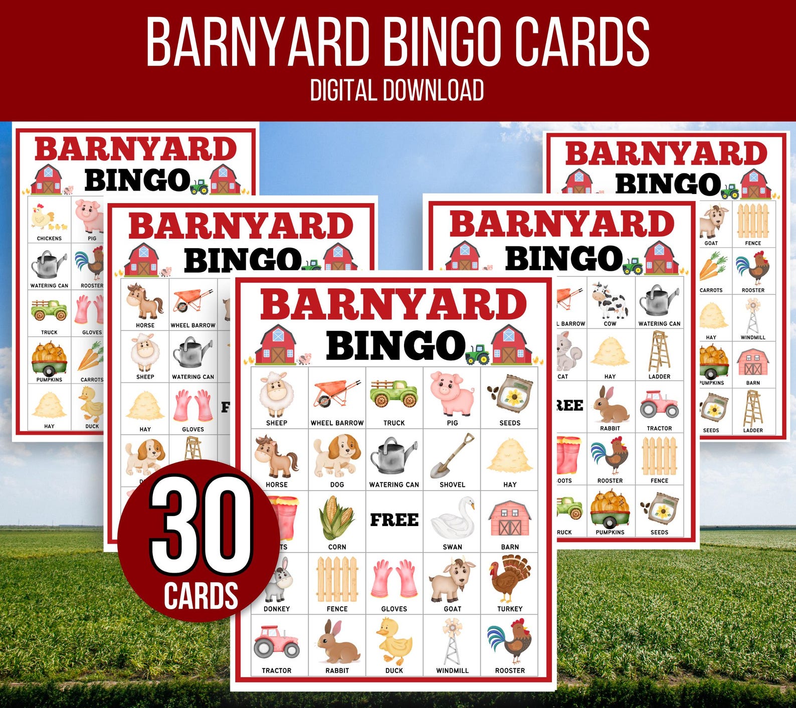Barnyard Bingo, 30 Printable Barnyard Bingo Cards, Farm Bingo, Farm ...