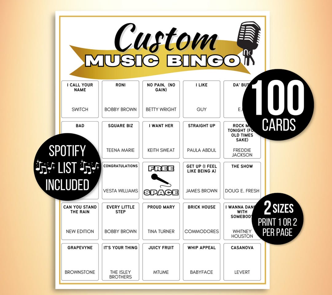 Custom Music Bingo, 100 Unique Printable Custom Bingo Cards, Custom ...