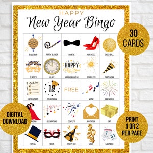 New Year's Bingo, 30 Happy New Year's Eve Bingo Cards, New Year's ...