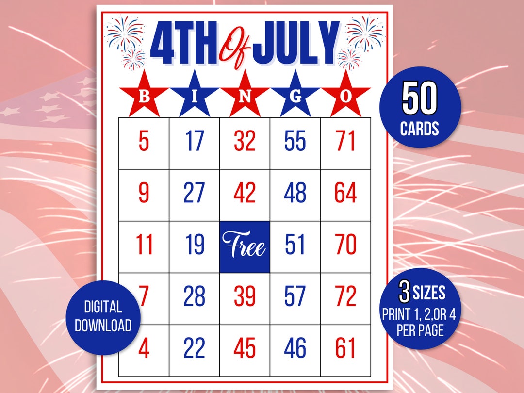 4th of July Bingo, 50 Fourth of July Bingo Cards, Fourth of July Carte ...