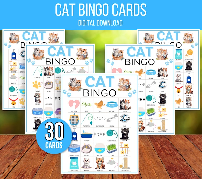 Cat Bingo, 30 Printable Cat Bingo Cards, Cat Birthday Party Game, Cat ...