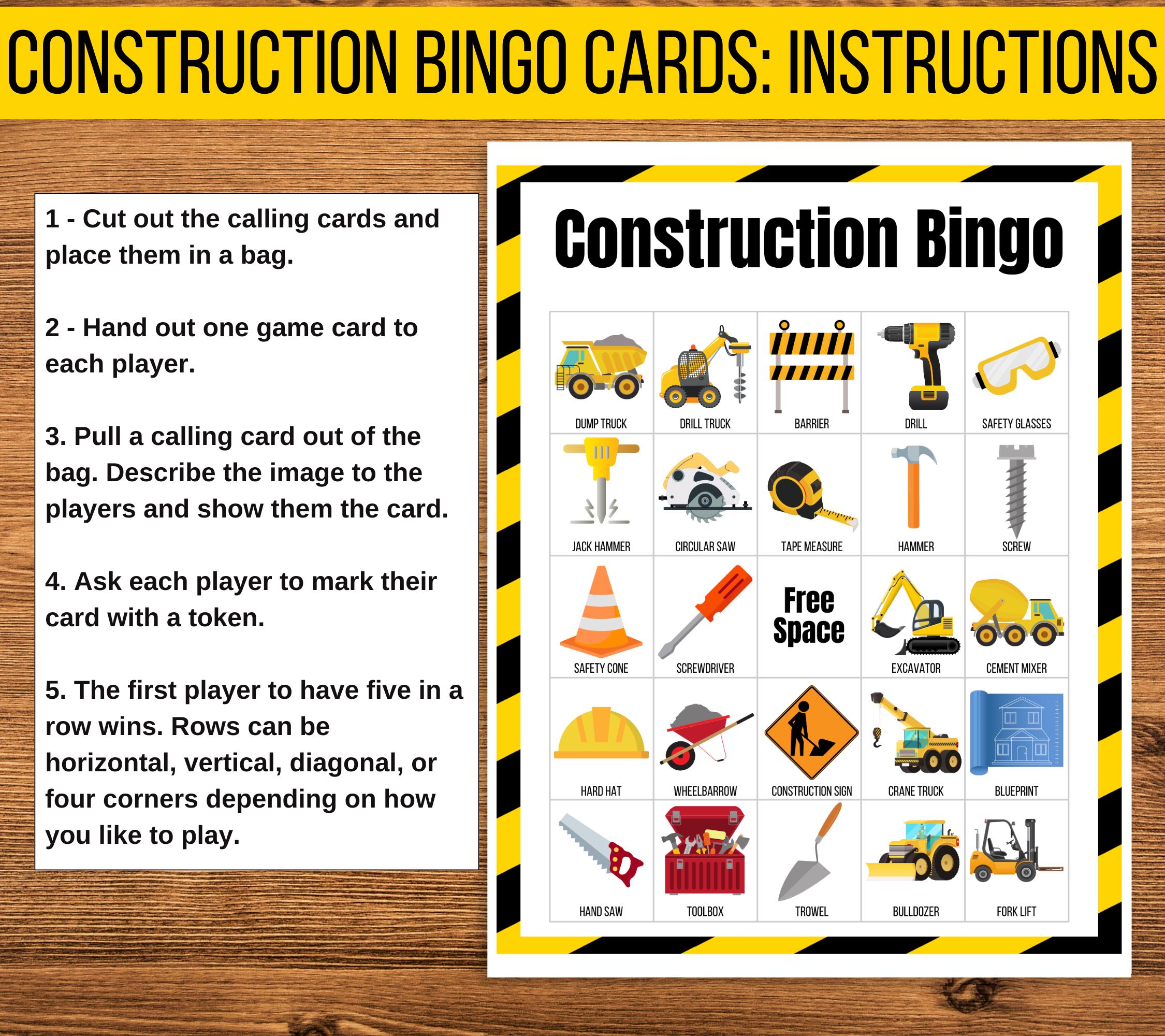 Construction Bingo, 30 Printable Construction Bingo Cards, Construction ...