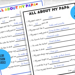 All About My Dad Fill in the Blanks Questionnaire, Father's Day Craft ...