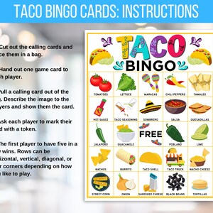 Taco Bingo, 30 Printable Taco Bingo Cards, Taco Activity for Kids, Taco ...