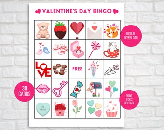 30 Printable Valentine's Day Bingo Cards School Party Game Instant PDF ...