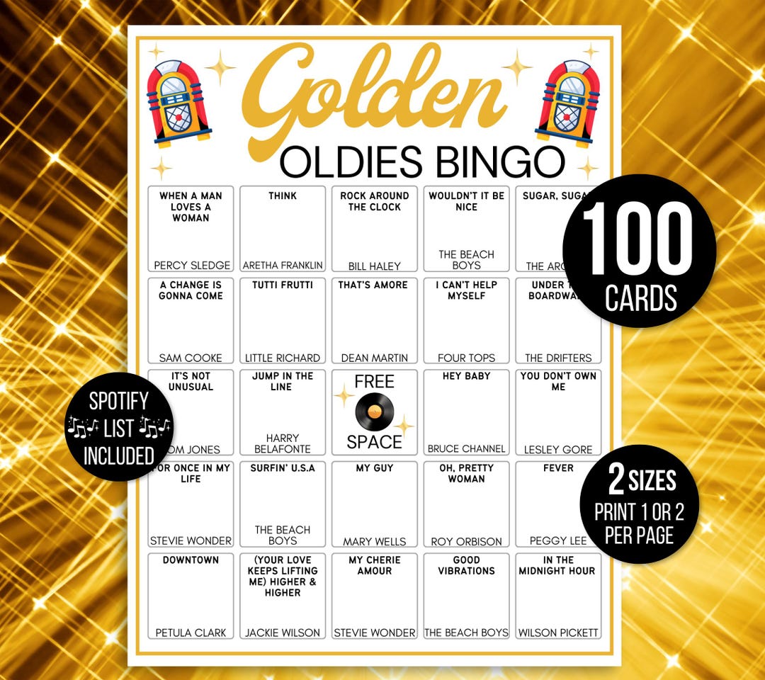 Music Bingo, Golden Oldies Bingo, Oldies Song Bingo, Golden Oldies ...