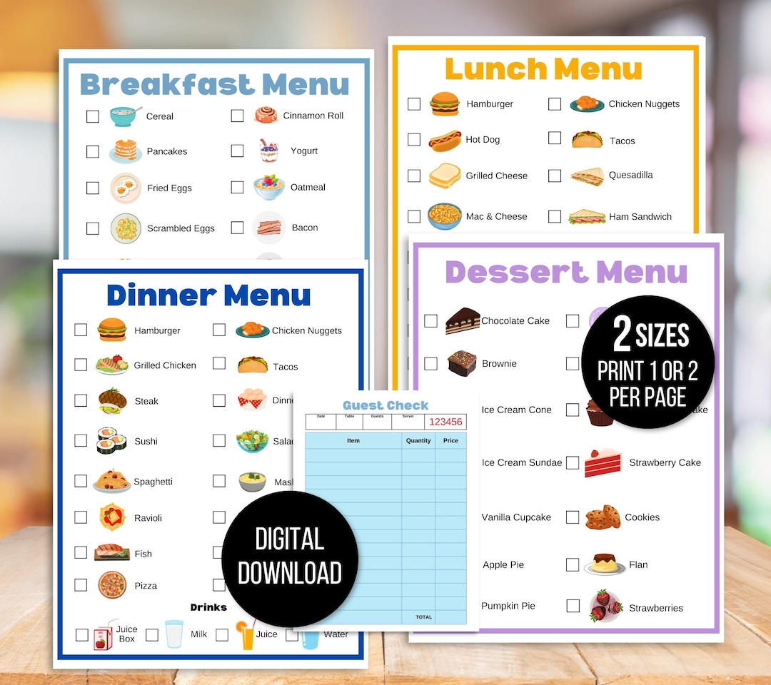 Pretend Play Menus, Pretend Restaurant Menus, Kids Play Menus, Kitchen ...