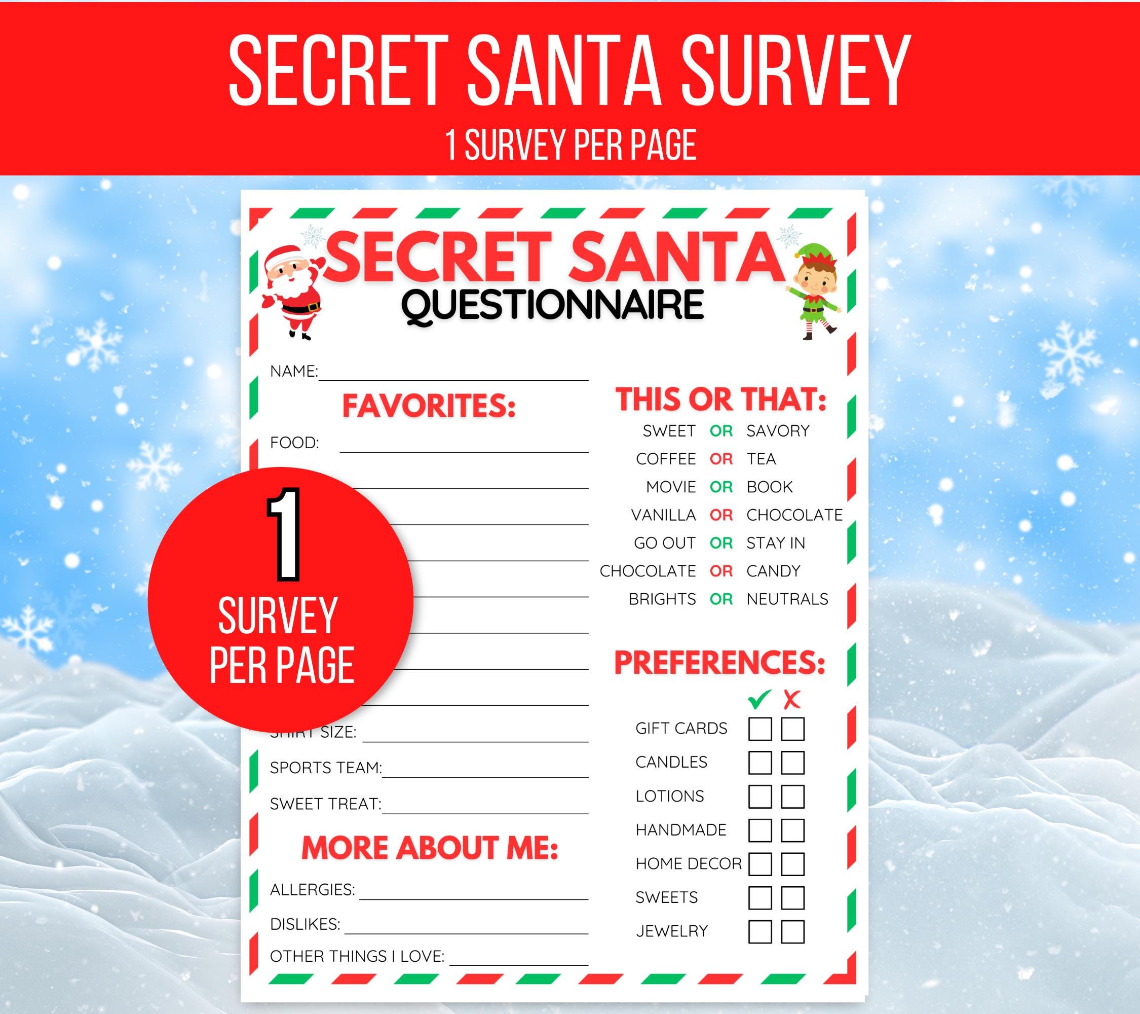Secret Santa Questionnaire, Printable Secret Santa Questions, Gift ...