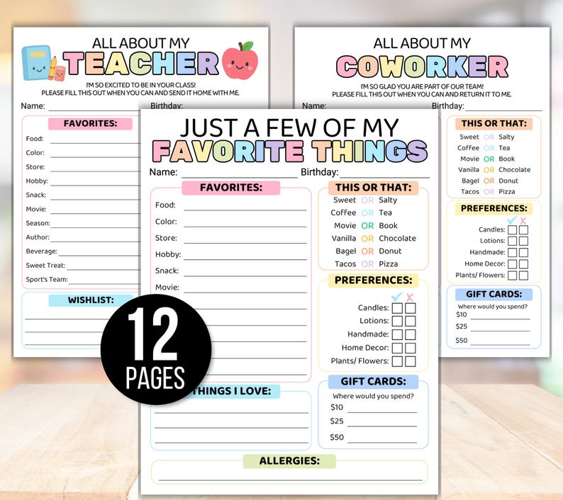 Favorite Things Survey, Favorite Things Form, My Favorite Things Survey ...