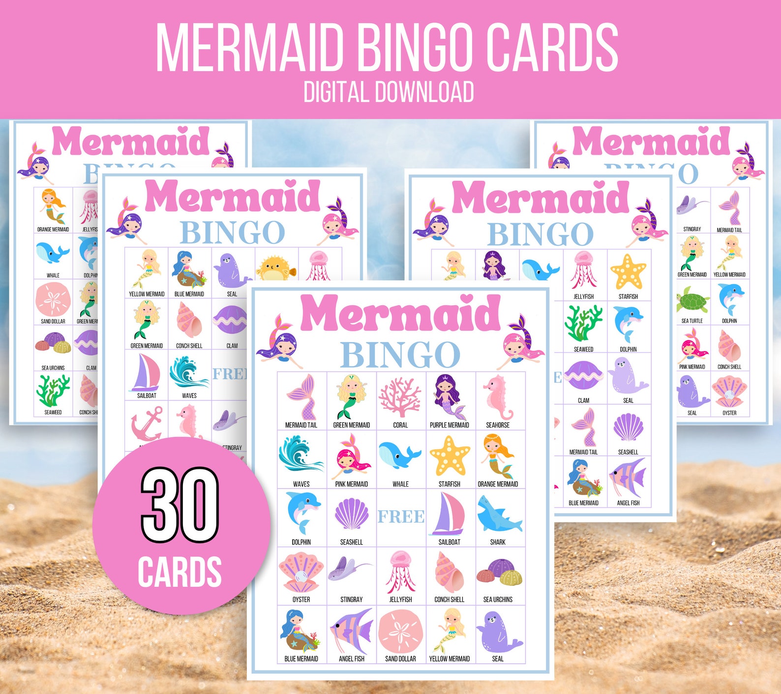 Mermaid Bingo, 30 Printable Mermaid Bingo Cards, Mermaid Game, Mermaid ...