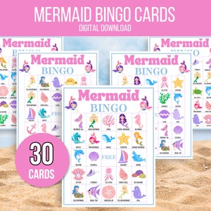 Mermaid Bingo, 30 Printable Mermaid Bingo Cards, Mermaid Game, Mermaid ...