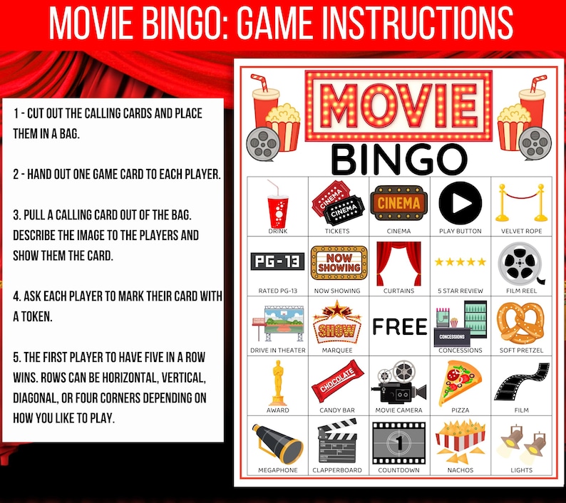Movie Bingo, 60 Movie Bingo Cards, Movie Night Bingo, Cinema Bingo ...
