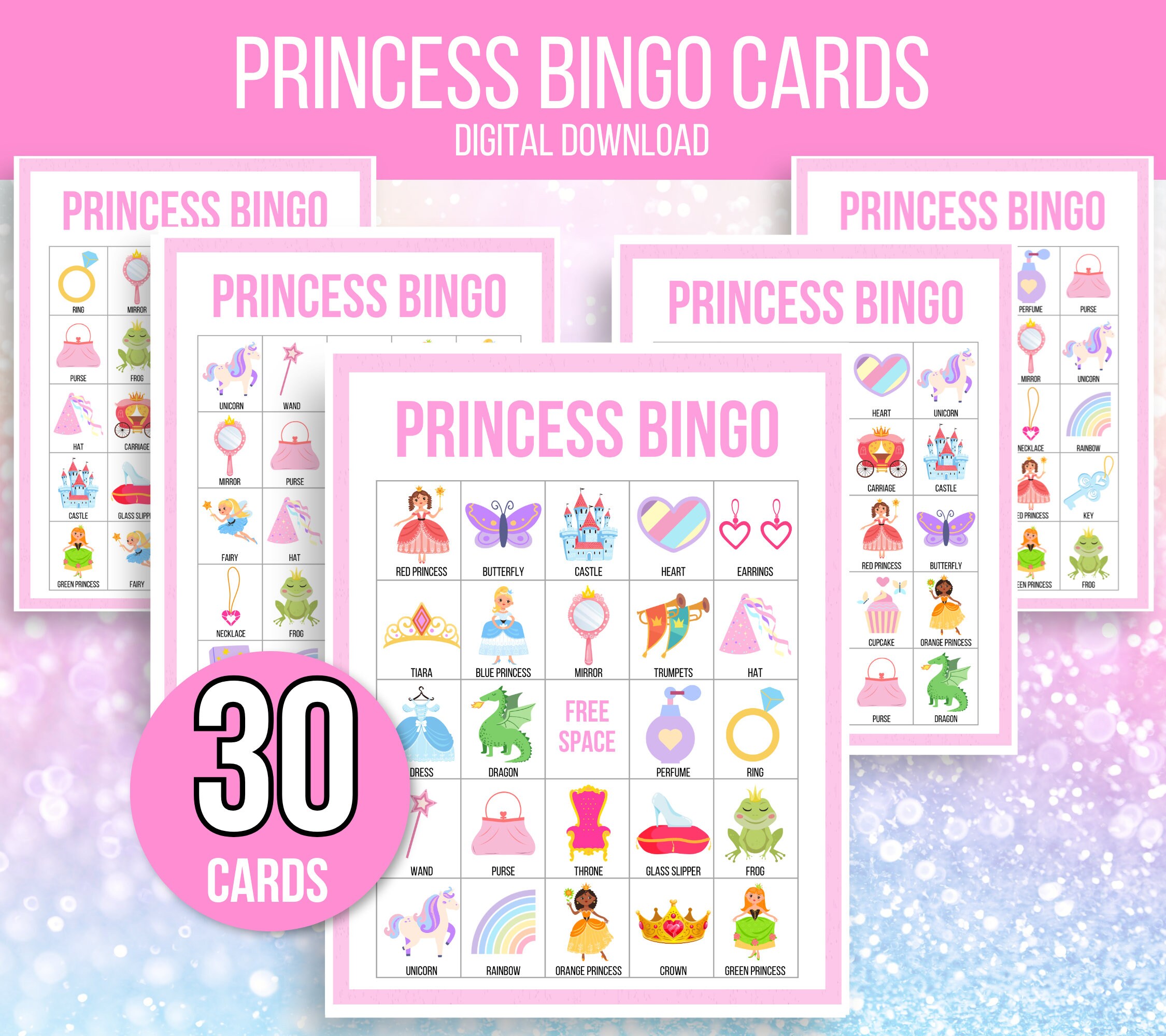 Princess Bingo, 30 Printable Princess Bingo Cards, Princess Birthday ...