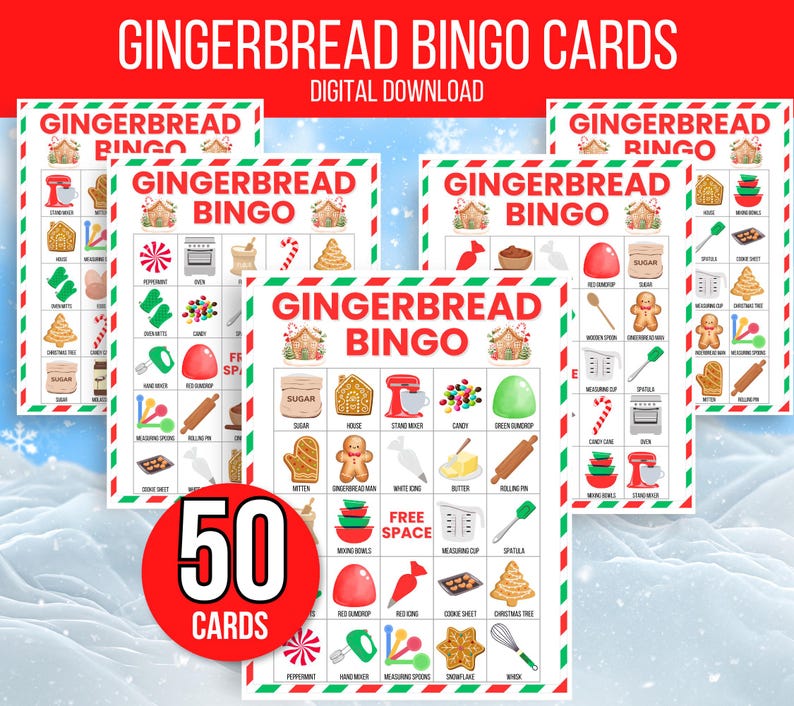 Gingerbread Bingo, 50 Gingerbread Bingo Cards, Christmas Baking Bingo ...