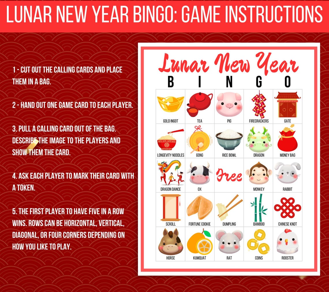 Lunar New Year Bingo, 30 Lunar New Year Bingo Cards, Lunar New Year ...
