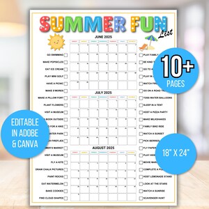 Editable Summer Calendar Poster, Summer Bucket List, Summer Checklist ...