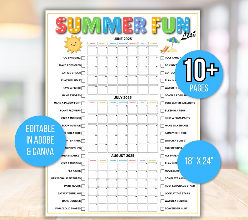 Editable Summer Bucket List, Summer Calendar Poster, Summer Checklist ...