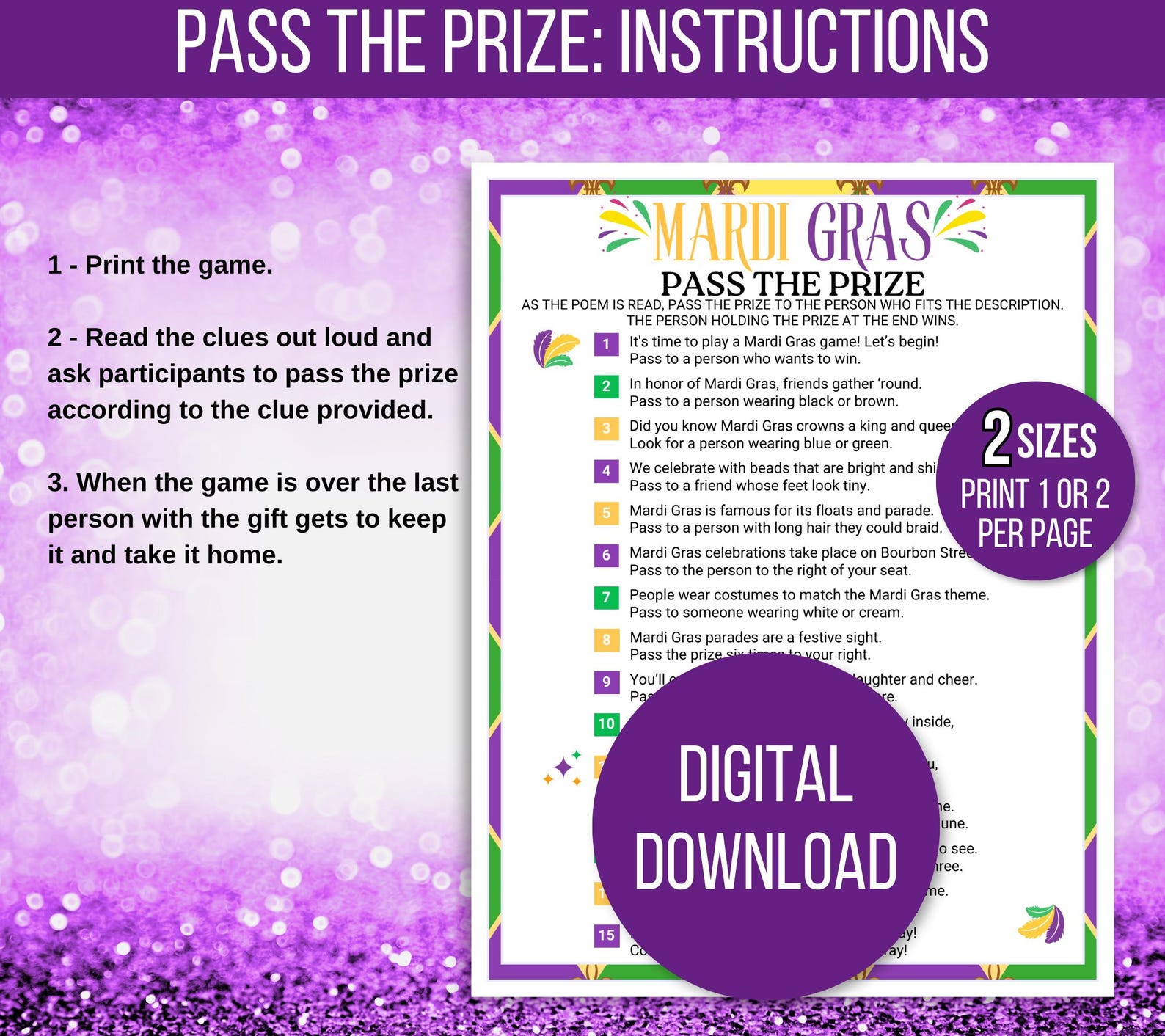 Mardi Gras Pass the Prize Game, Mardi Gras Pass the Present Game, Mardi ...