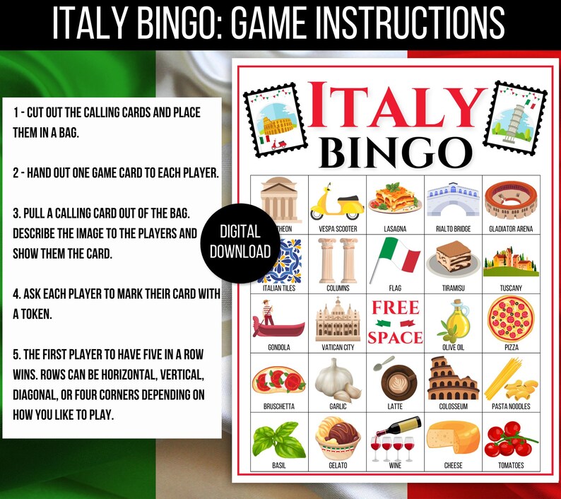 Italy Bingo, 90 Italy Travel Bingo Cards, Travel Bingo, Italian Bingo ...