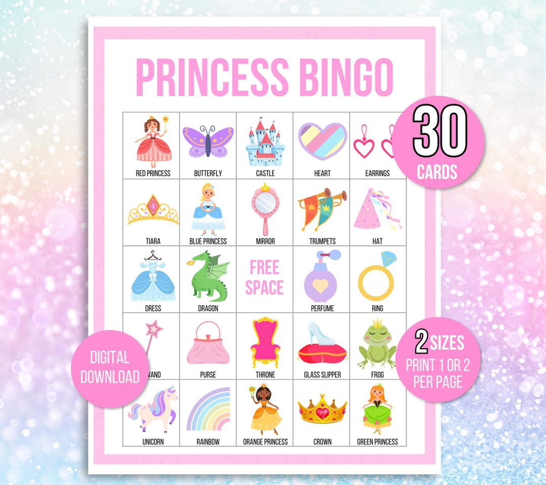 Princess Bingo, 30 Printable Princess Bingo Cards, Princess Birthday ...