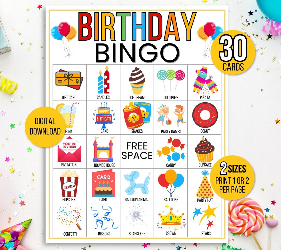 Bingo de cumpleaños, 30 tarjetas de bingo para fiestas de cumpleaños ...