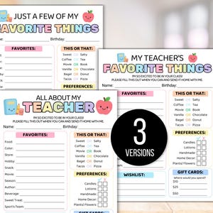All About My Teacher, Teacher Favorite Things Printable, Get to Know ...