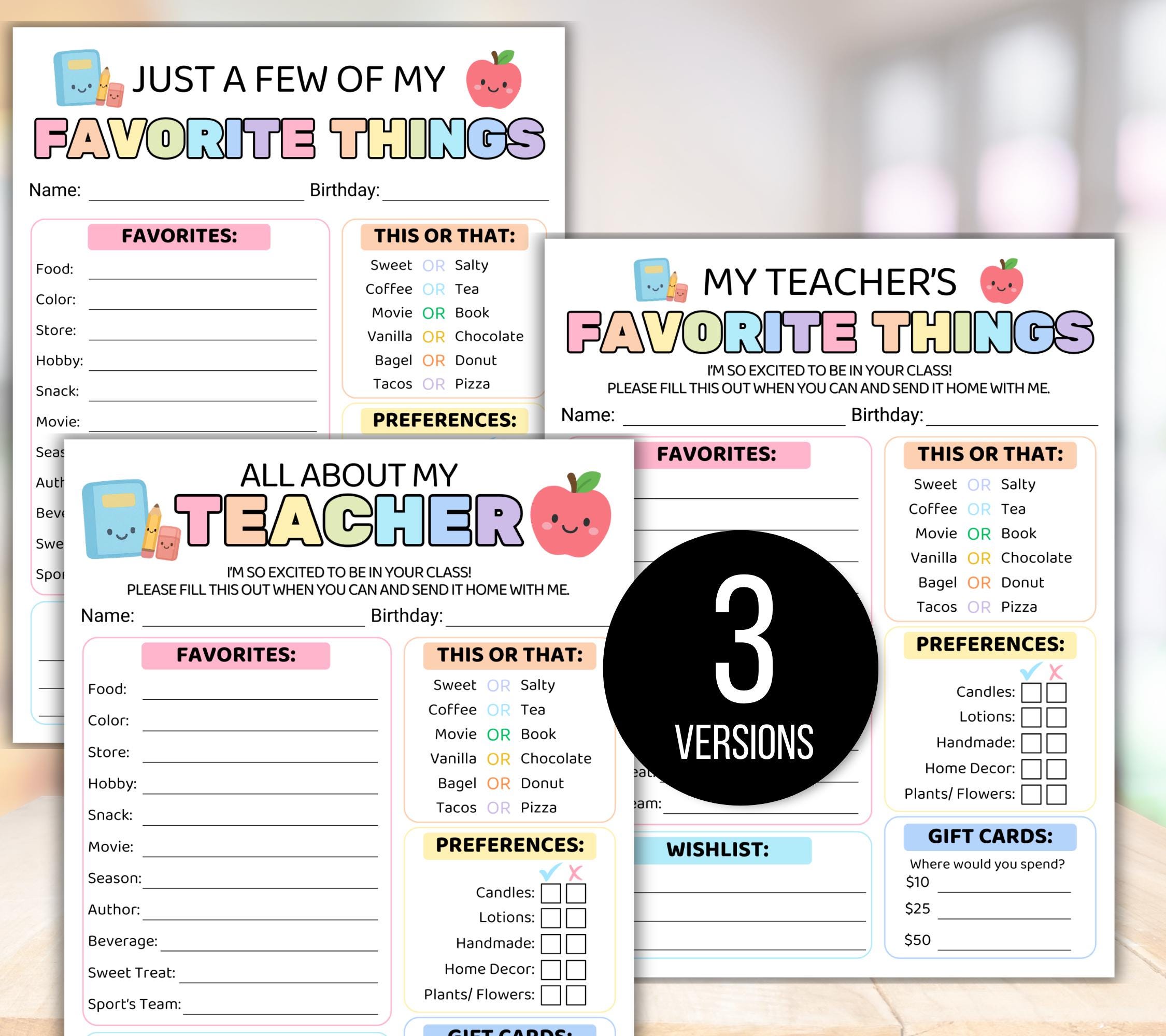 All About My Teacher, Teacher Favorite Things Printable, Get to Know ...