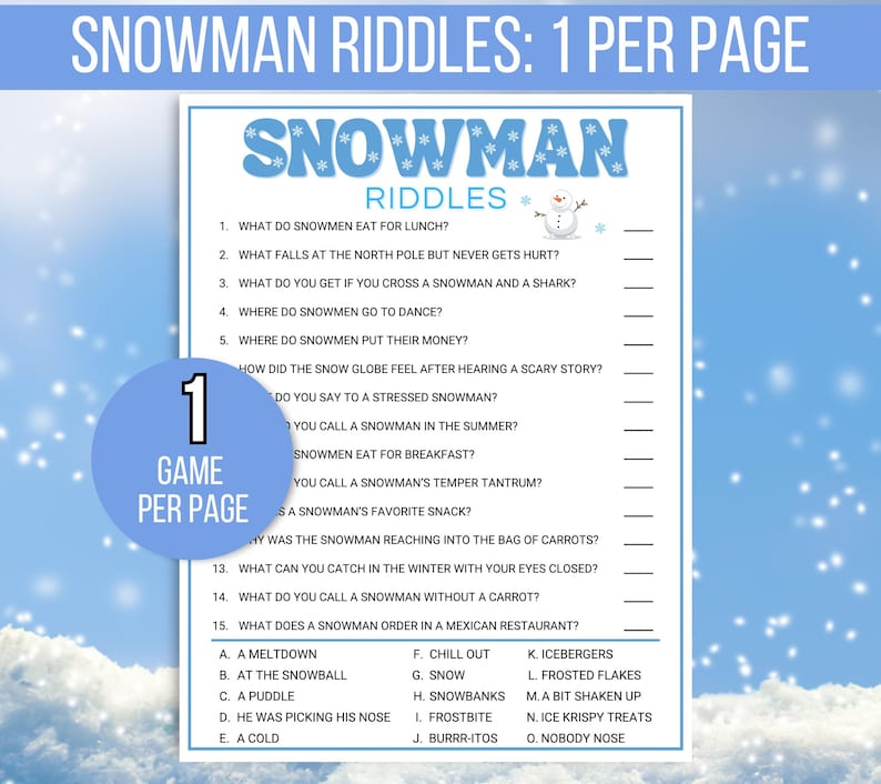 Snowman Riddles, Winter Riddles, Printable Snowman Riddles, Winter ...