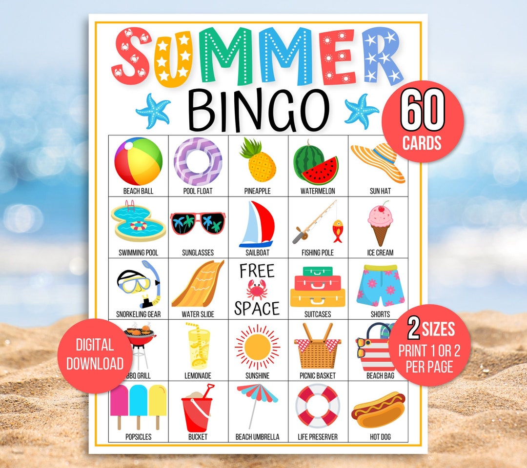 Summer Bingo, 60 Summer Bingo Cards, Summer Game, Summer Activity, Kid ...