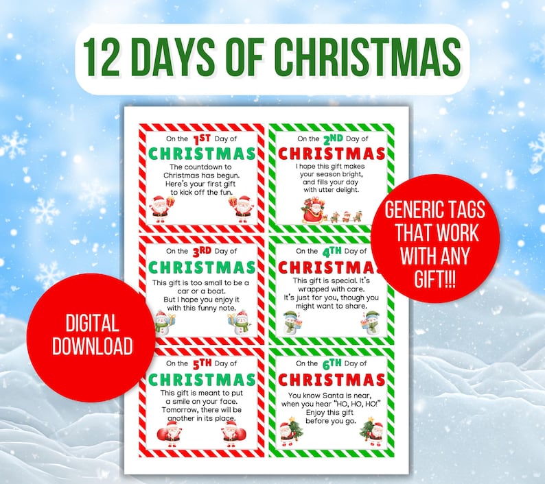 12 Days of Christmas Gift Tags, 12 Days of Christmas, Printable ...